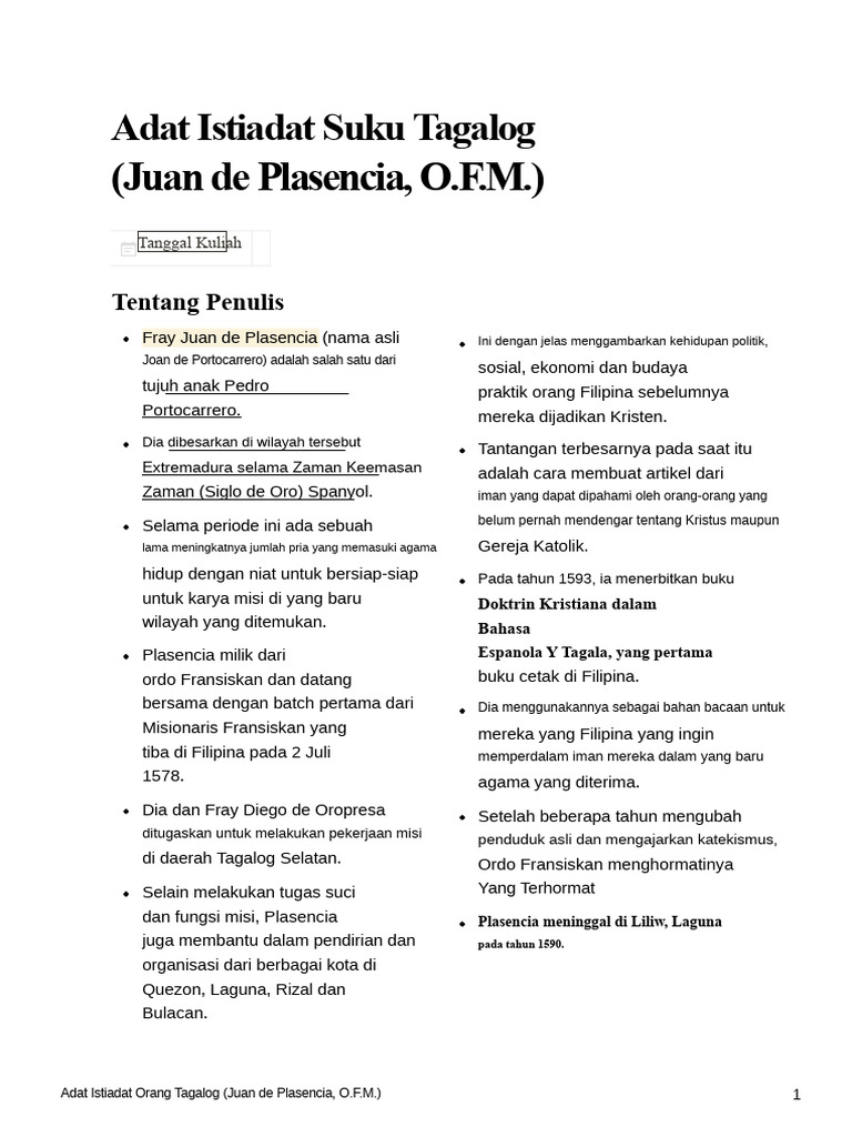 MINGGU 3 RIPH Juan de Plasencia Kebiasaan Orang Tagalog | PDF