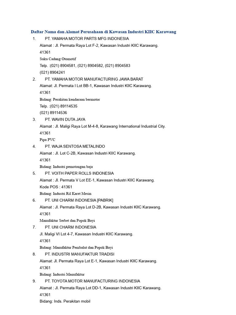 List Nama Dan Alamat Perusahaan Di Kawasan Industri KIIC Karawang. | PDF