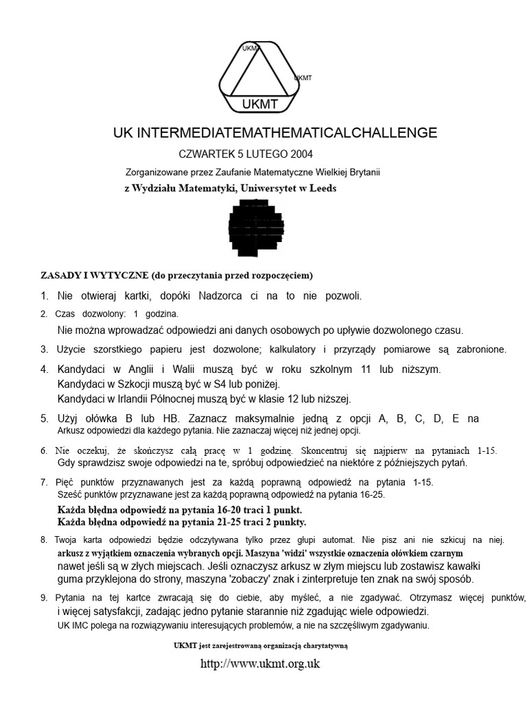 UKMT - IMC - Średnie Wyzwanie Matematyczne 2004 - Pytania | PDF