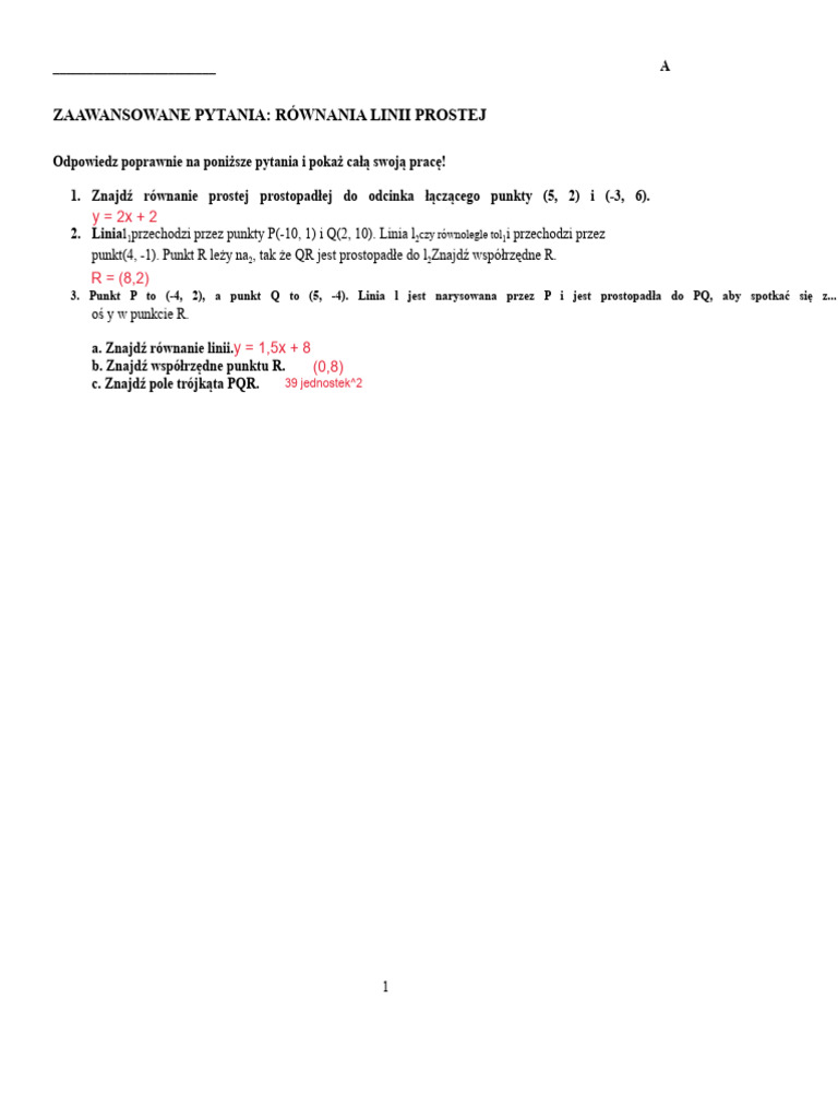 Zaawansowane Pytania Równania Prostych Linii | PDF