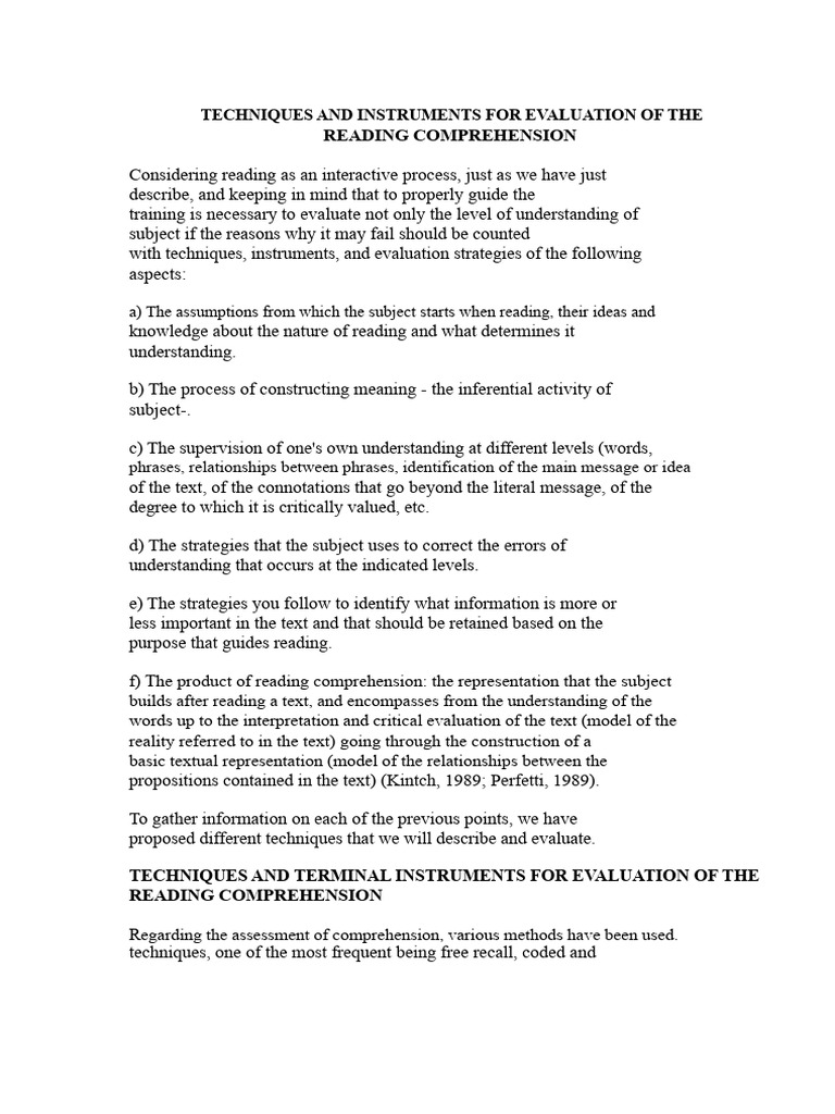 TECHNIQUES AND INSTRUMENTS FOR ASSESSING READING COMPREHENSION | PDF | Reading Comprehension ...