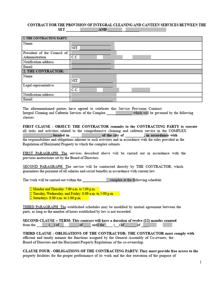 Model Contract For Comprehensive Cleaning and Cafeteria Services | PDF ...