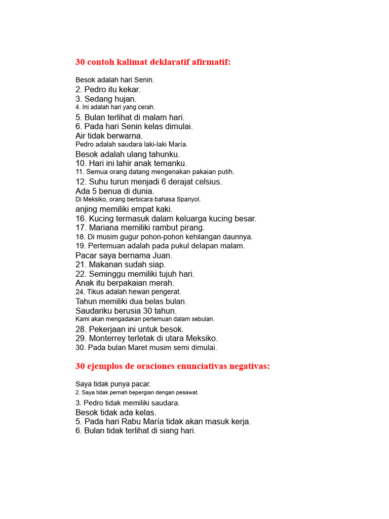30 Contoh Kalimat Deklaratif Afirmatif | PDF