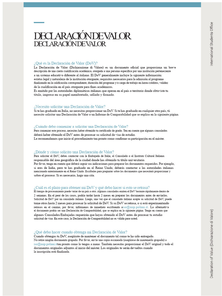 Guía sobre la Declaración de Valor (DoV) | PDF | Licenciatura | Visa de ...