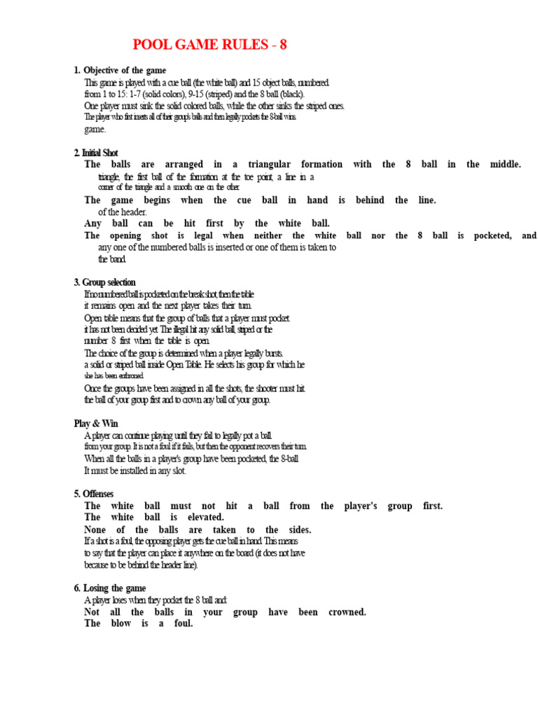 Regulations of The Game Eight Ball | PDF | Pool (Cue Sports) | Sport ...
