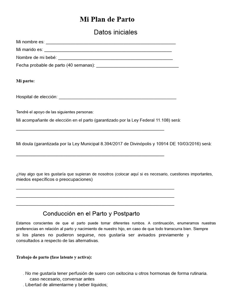 Modelo de Plan de Parto | PDF | Parto | Amamantamiento