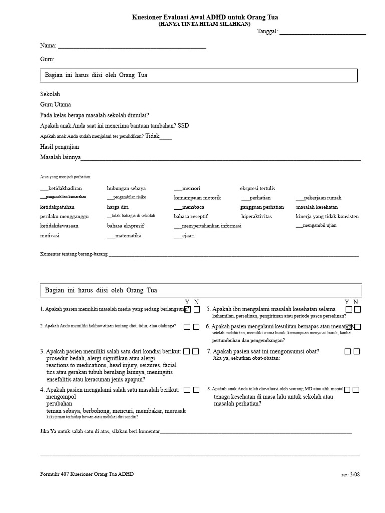 Kuesioner Evaluasi ADHD untuk Orang Tua | PDF