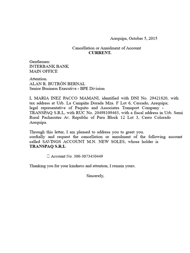 Account Cancellation Request for TRANSPAQ S.R.L | PDF