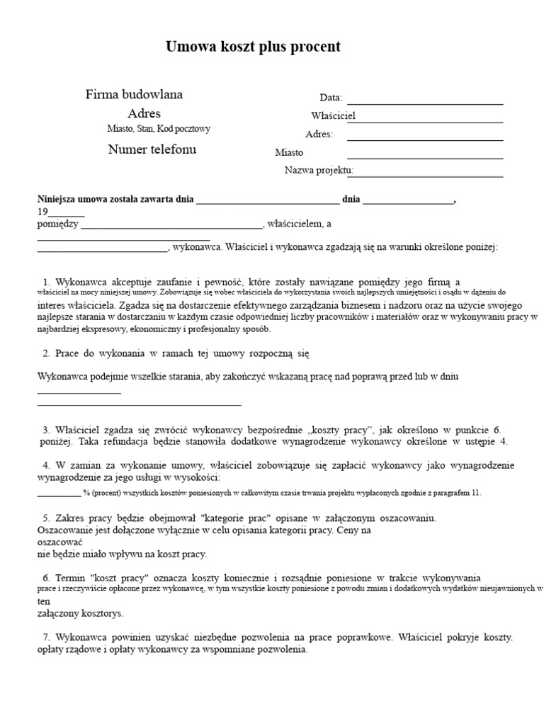 Umowa Koszt Plus Procent | PDF