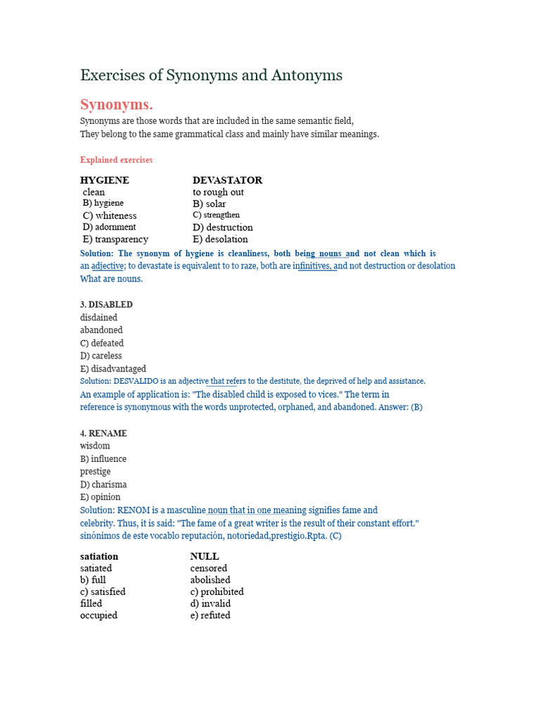 Synonyms and Antonyms Exercises | PDF | Appetite | Semantics