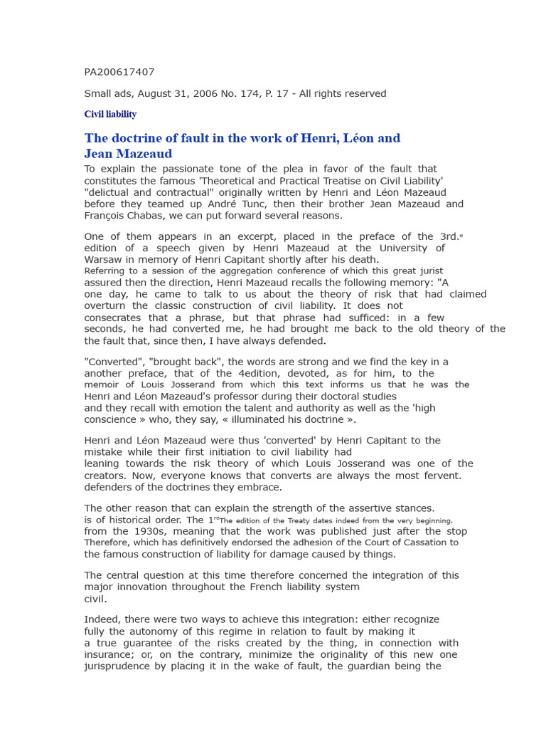 The Doctrine of Fault in The Work of Henri, Léon, and Jean Mazeaud ...