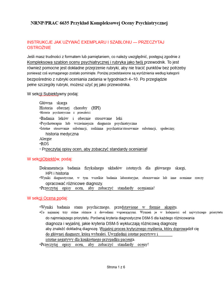 NRNP PRAC 6635 Przykład Kompleksowej Oceny Psychiatrycznej | PDF