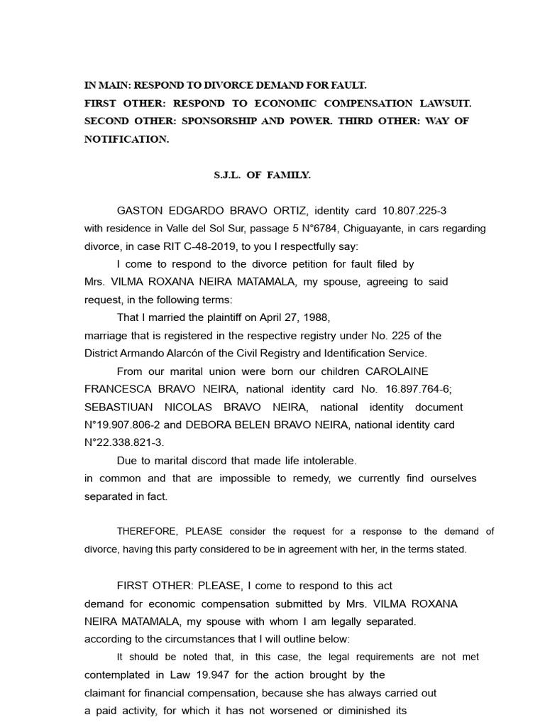 Divorce Response and Compensation Claim | PDF | Divorce | Plaintiff
