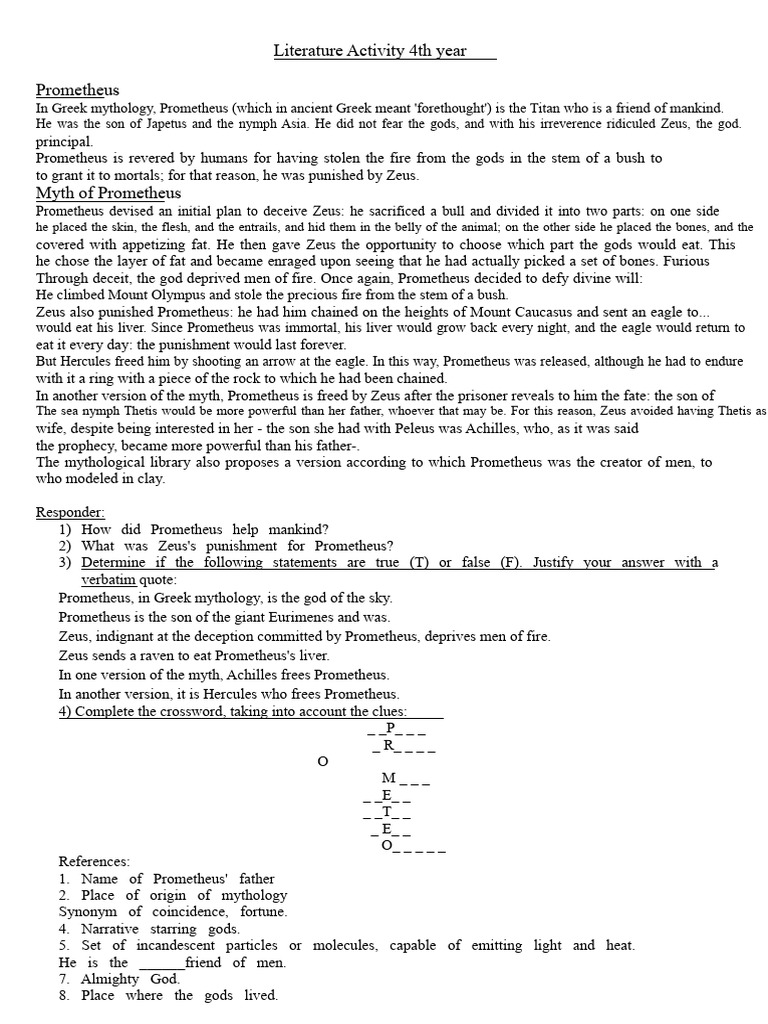 Activity Myth of Prometheus | PDF | Prometheus | Zeus