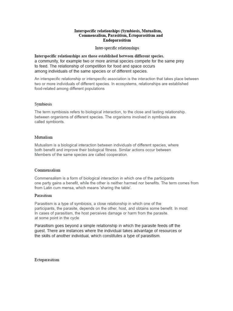 Interspecific Relationships Explained | PDF | Symbiosis | Parasitism