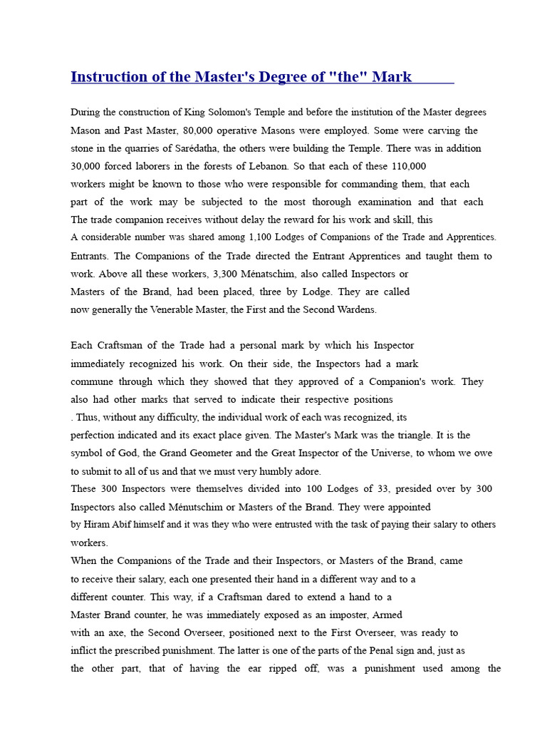 Instruction of The Master Mason Degree of The Mark | PDF | Freemasonry
