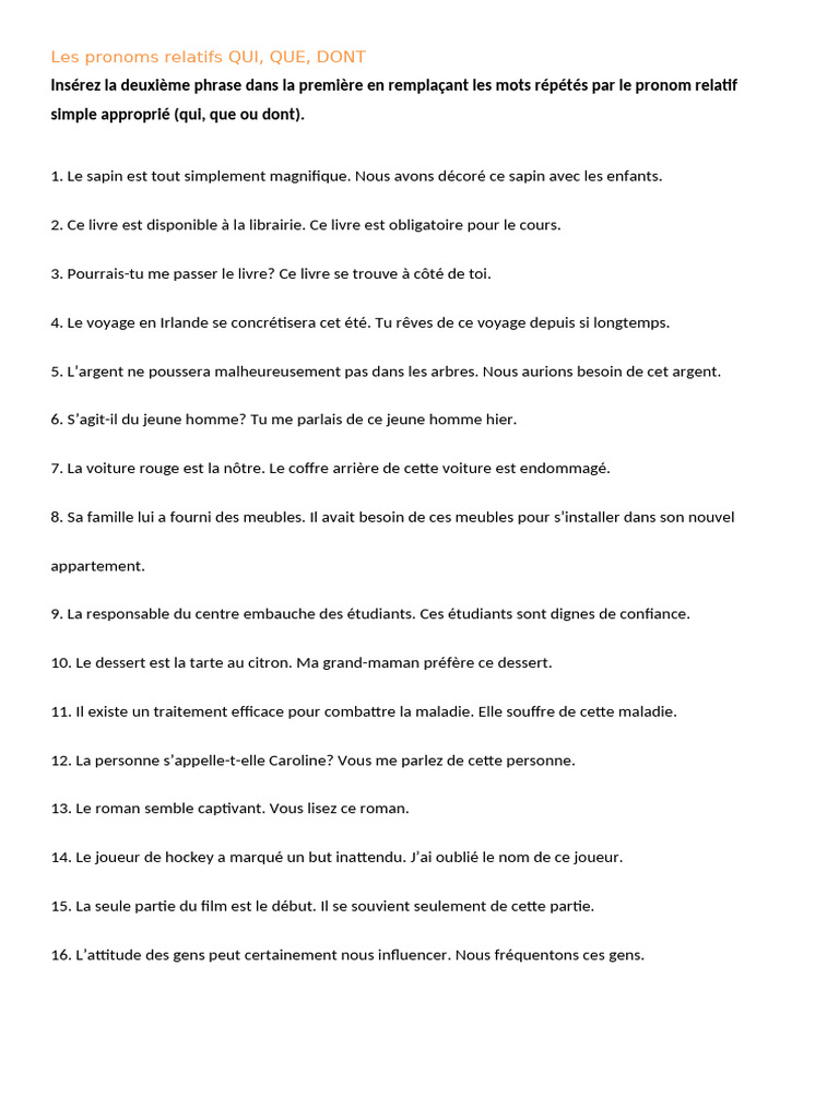 Pronoms relatifs : QUI, QUE, DONT expliqués | PDF | Échecs | Théorie ...