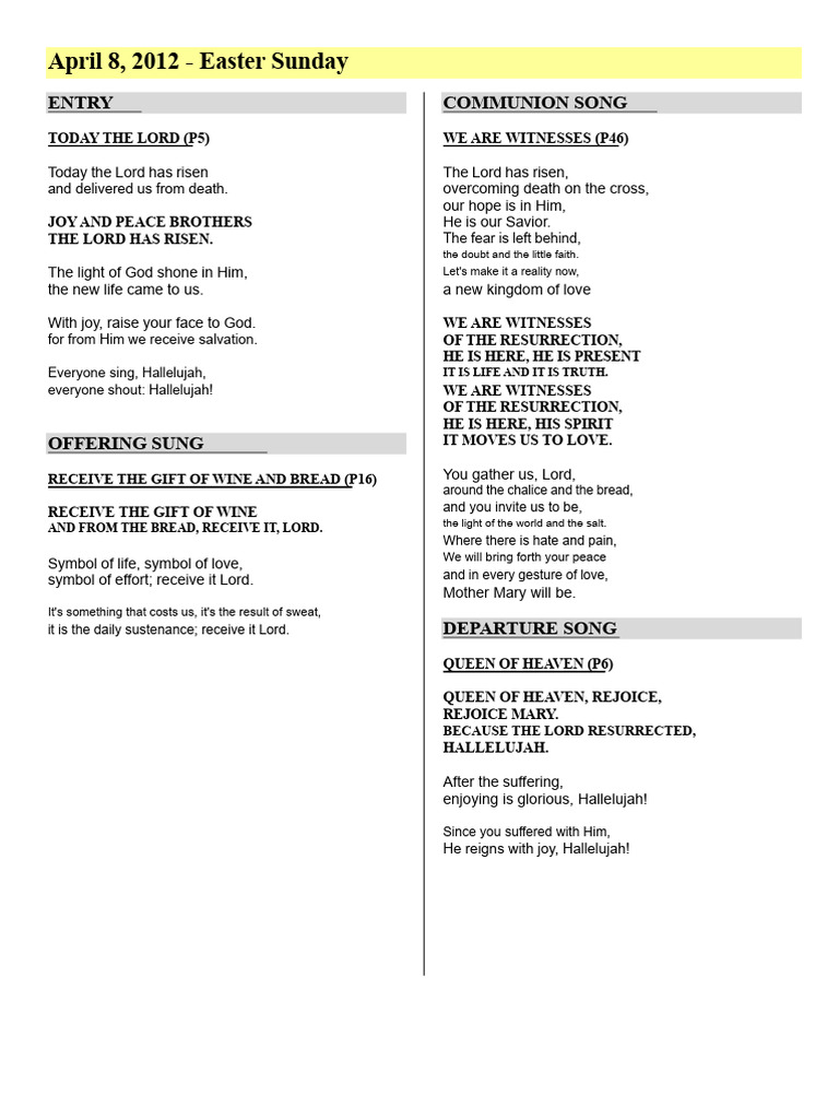 Easter Songs - Cycle B - April 2012 | PDF | Pentecost | Eucharist