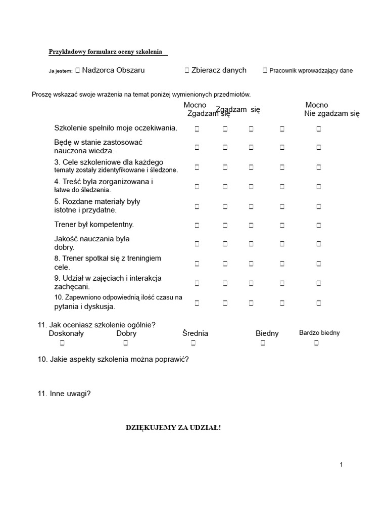 Przykładowy Formularz Oceny Szkolenia | PDF