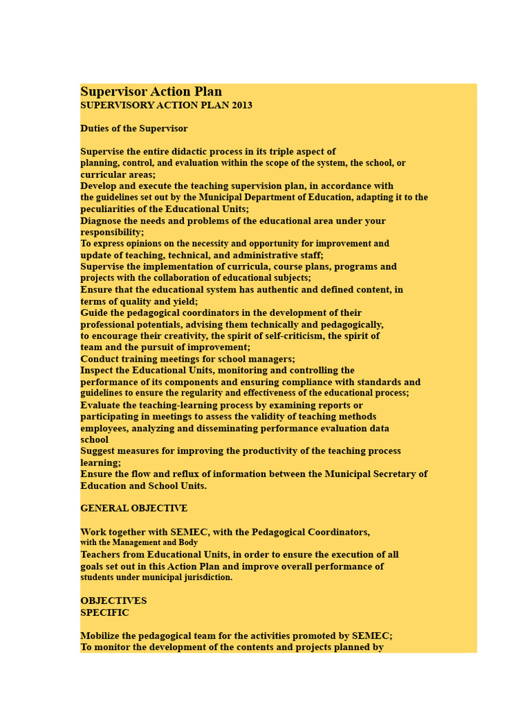 Supervisor Action Plan for Education 2013 | PDF | Teachers | Pedagogy