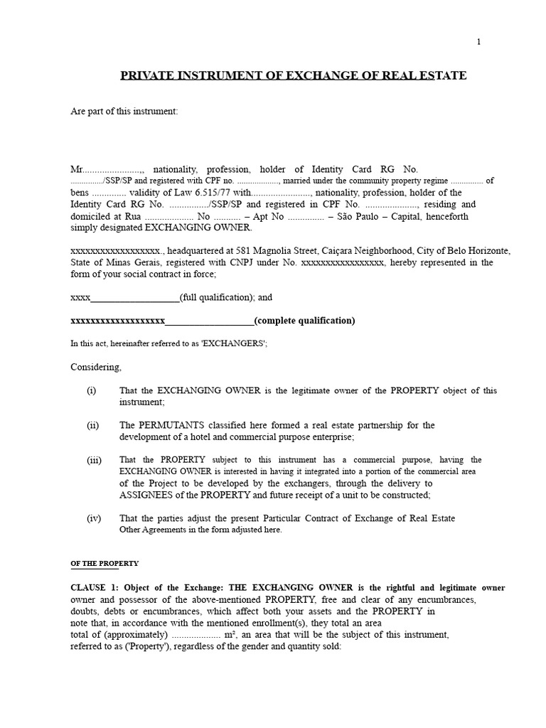 Model - Draft of Exchange Contract | PDF | Property | Deed