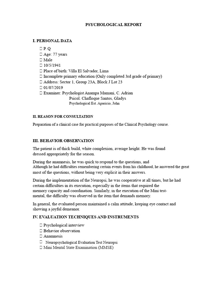 Psychological Report Grandfather | PDF | Psychology ...