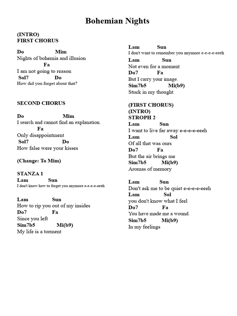 Bohemian Nights Lyrics and Chords | PDF