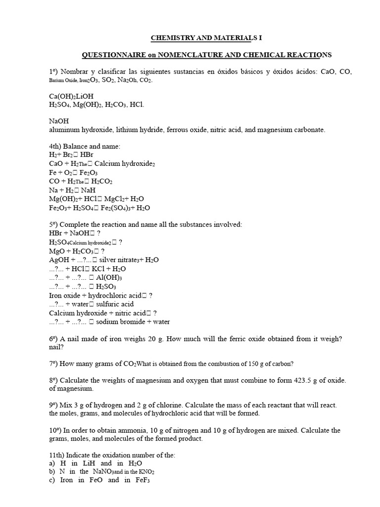 Chemistry Questionnaire: Nomenclature & Reactions | PDF | Hydroxide | Acid