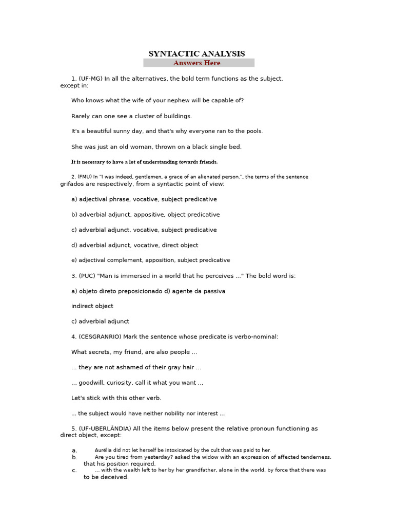 SYNTACTIC ANALYSIS Exercises | PDF | Subject (Grammar) | Clause