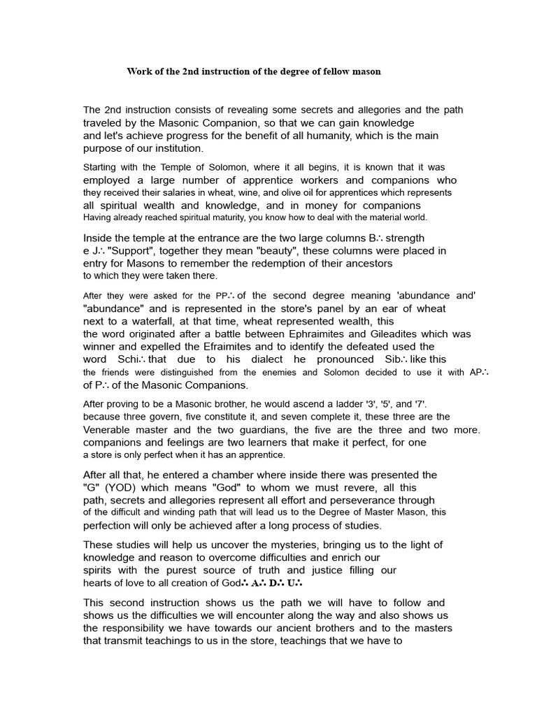 Work of The 2nd Instruction of The Degree of Fellow Craft Mason | PDF ...