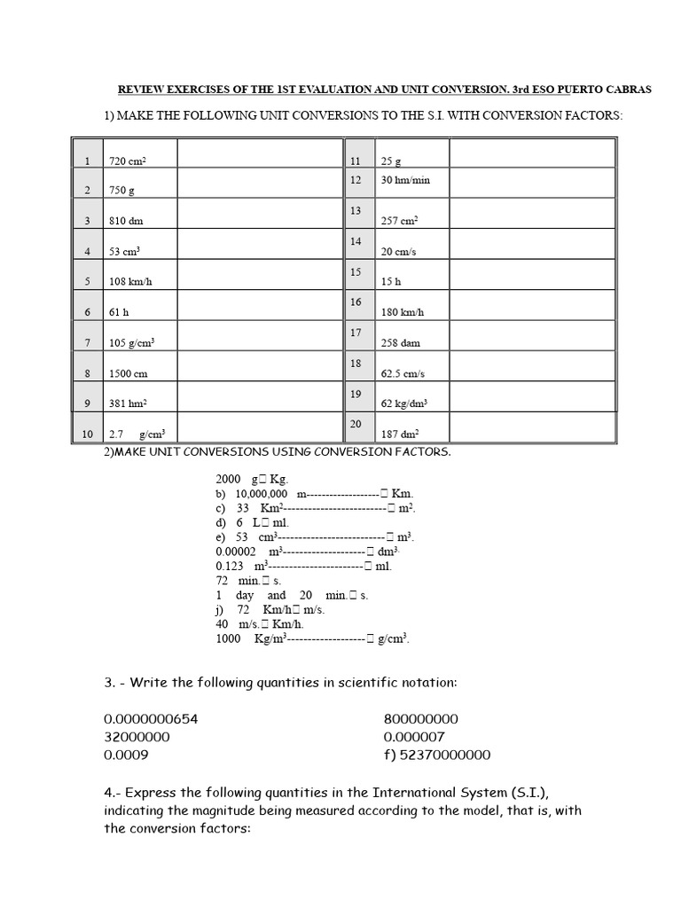 Unit Conversion Exercises for 3rd ESO | PDF | International System Of ...