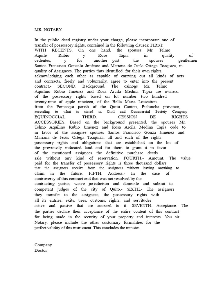 Minutes of Transfer of Possessory Rights | PDF | Assignment (Law) | Deed