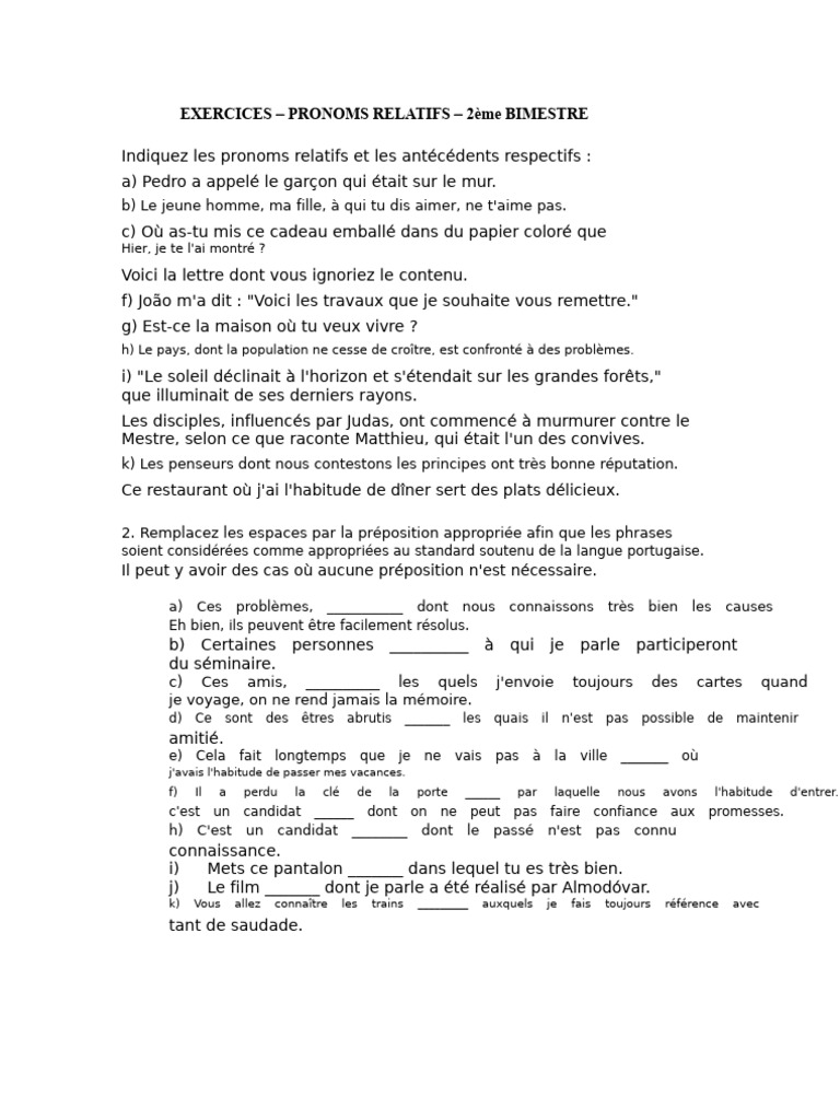Exercices sur les pronoms relatifs | PDF | Brésil | Linguistique