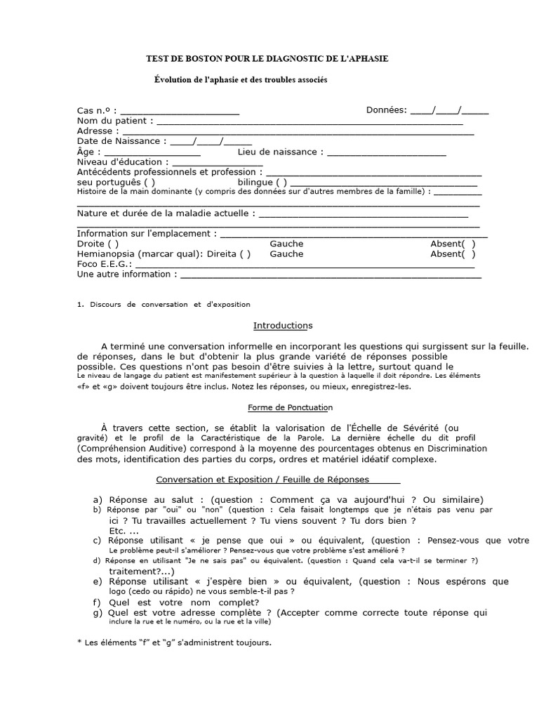 Test de Boston pour l'Aphasie | PDF | Aphasie