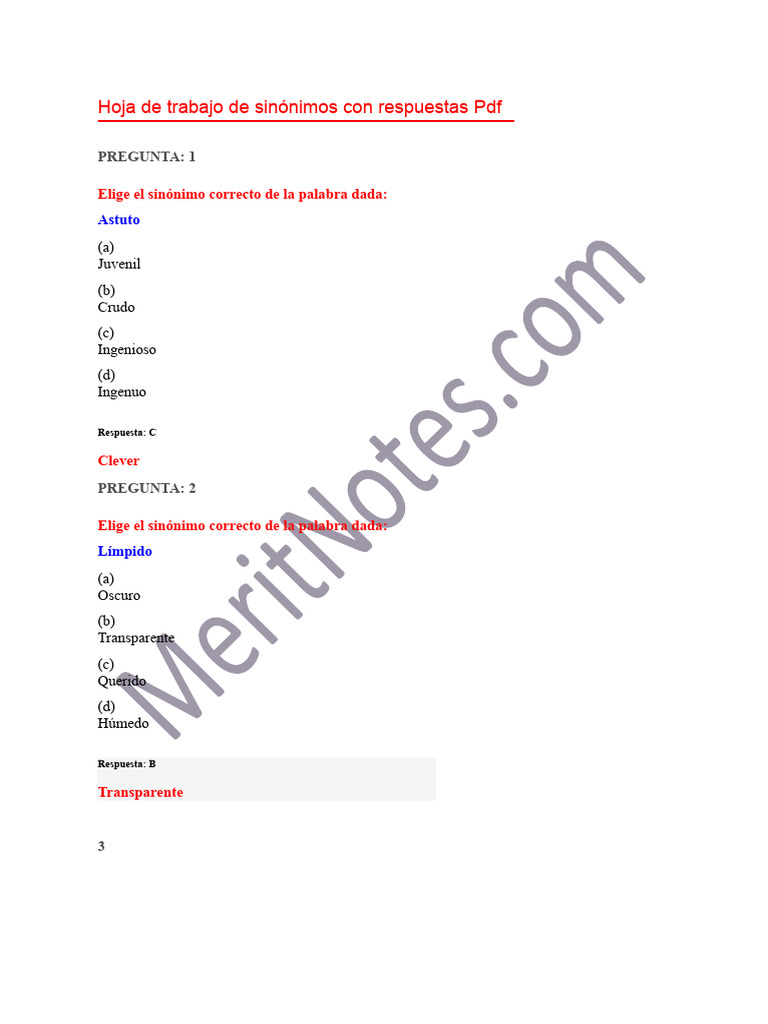 Hoja de Trabajo de Sinónimos Con Respuestas | PDF