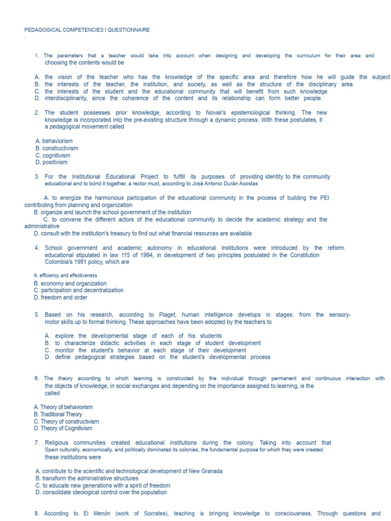 Pedagogical Competencies Questionnaire | PDF | Knowledge ...