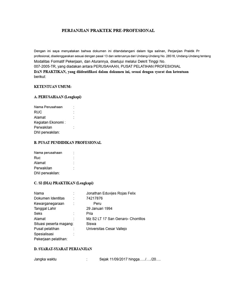 Model Perjanjian Magang Pra Profesi Tripartit Undang-Undang 28518 | PDF