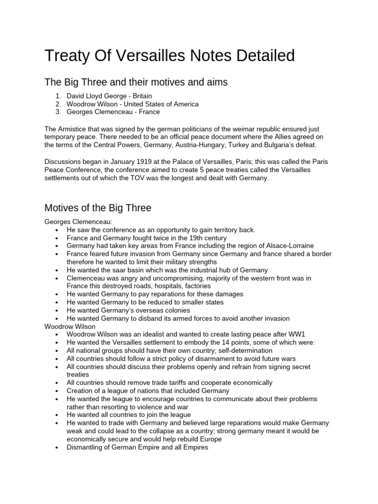Treaty of Versailles Notes Detailed | PDF | Treaty Of Versailles ...