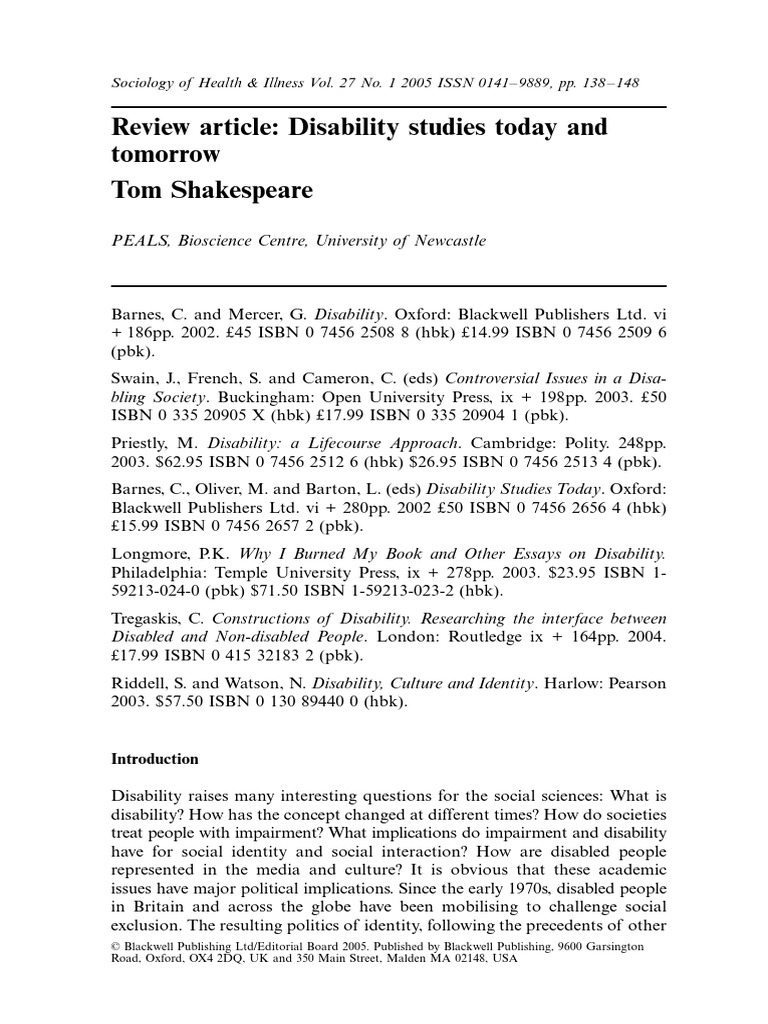 Disability Studies Today and Tomorrow | PDF | Disability | Sociology