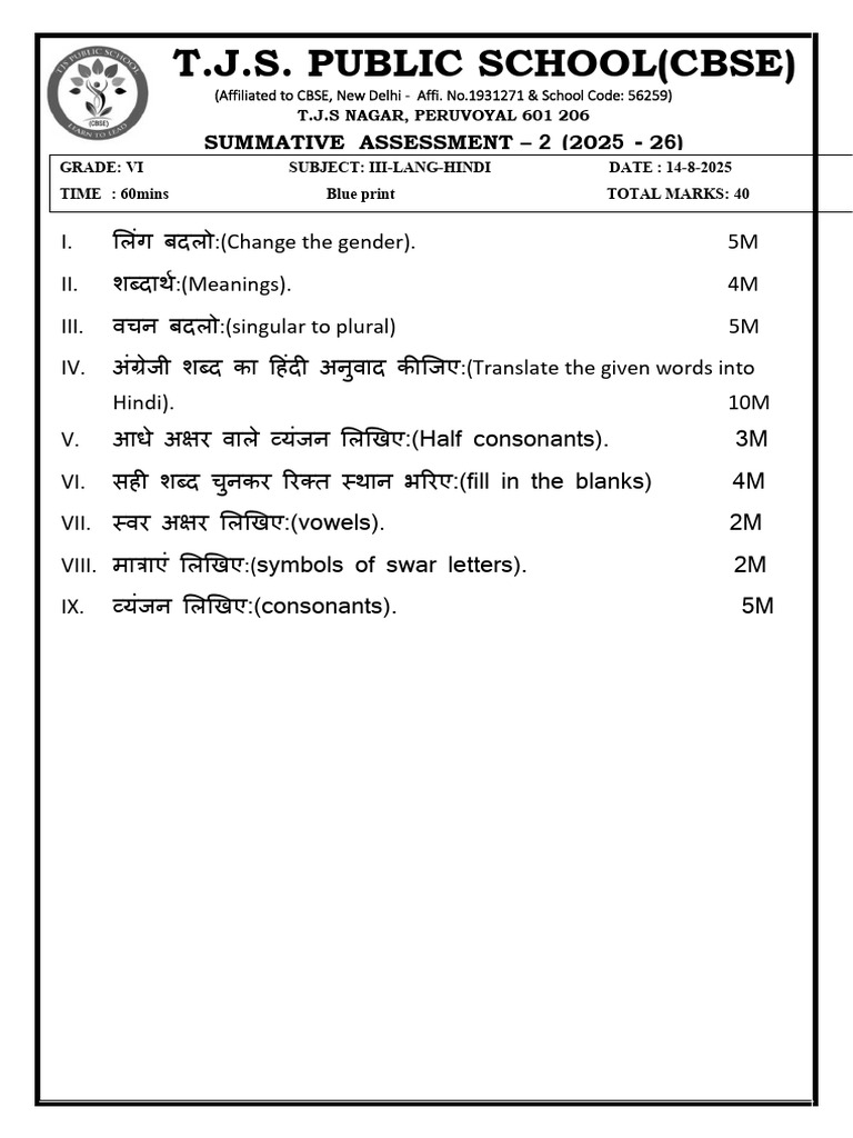 Class 6 Sa - 2 III Lang Hindi Blue Print | PDF