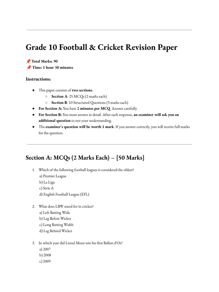 Grade 10 Football & Cricket Exam Paper | PDF | Cricket | Team Sports