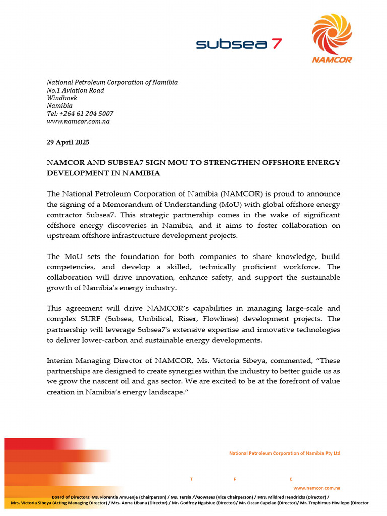 NAMCOR and SubSea7 Sign MoU To Strengthen Offshore Energy Development ...