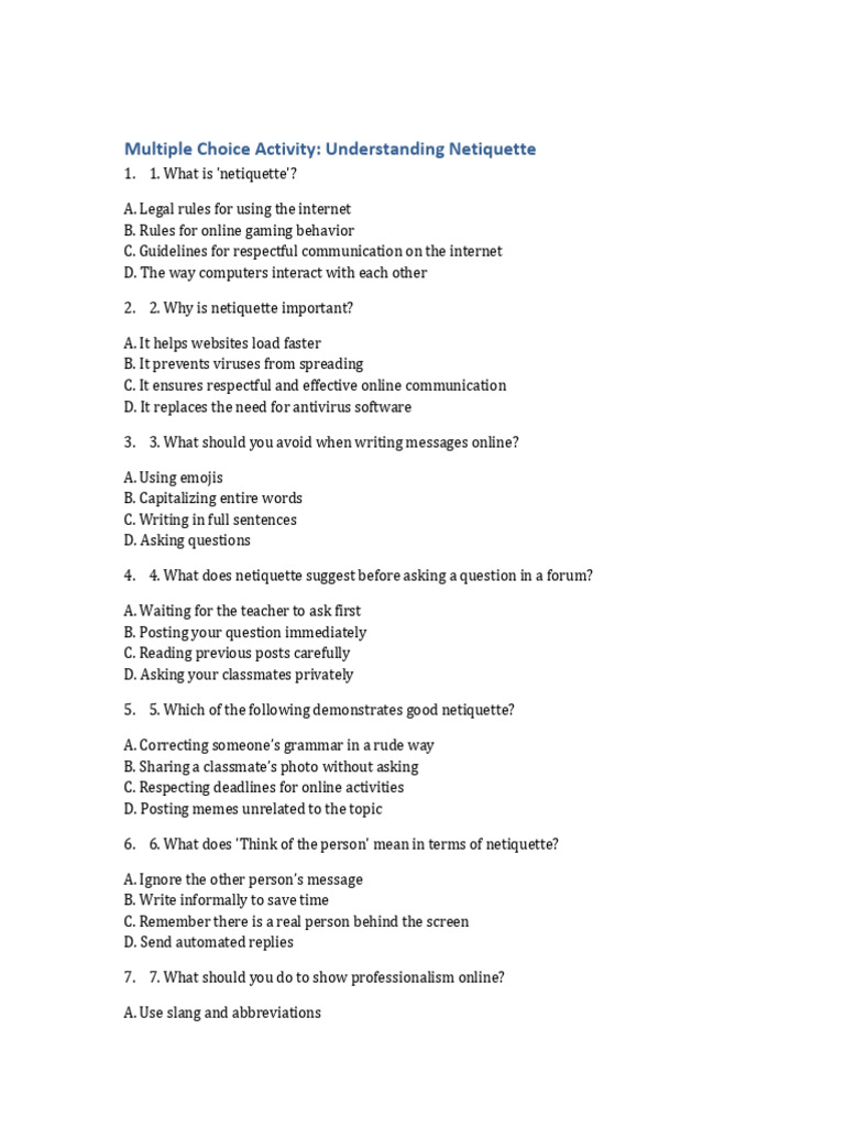 Netiquette Multiple Choice Activity | PDF