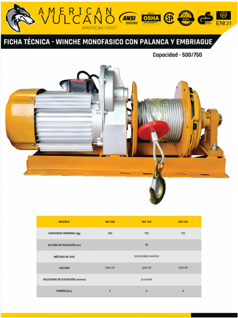 Ficha Técnica - Winche Monofasico Con Palanca y Embriague 2025 | PDF