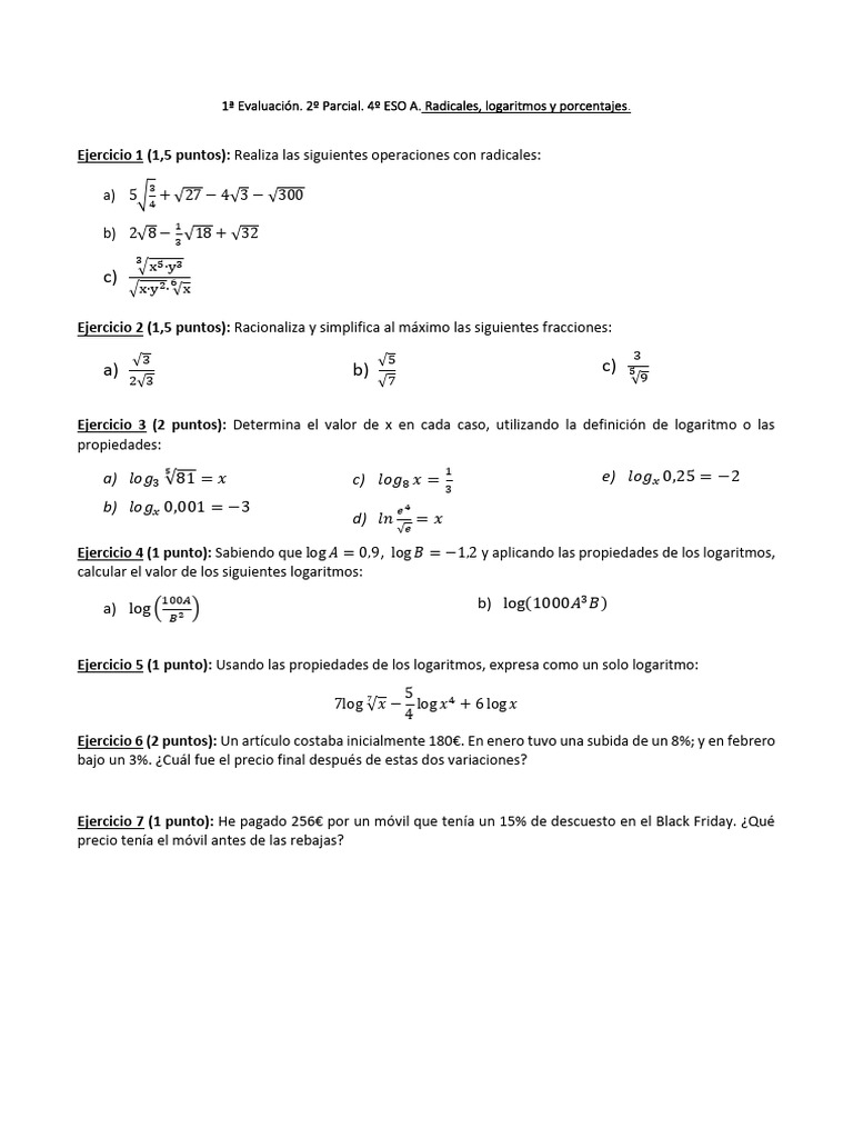 Evaluación de Radicales y Logaritmos 4º ESO | PDF