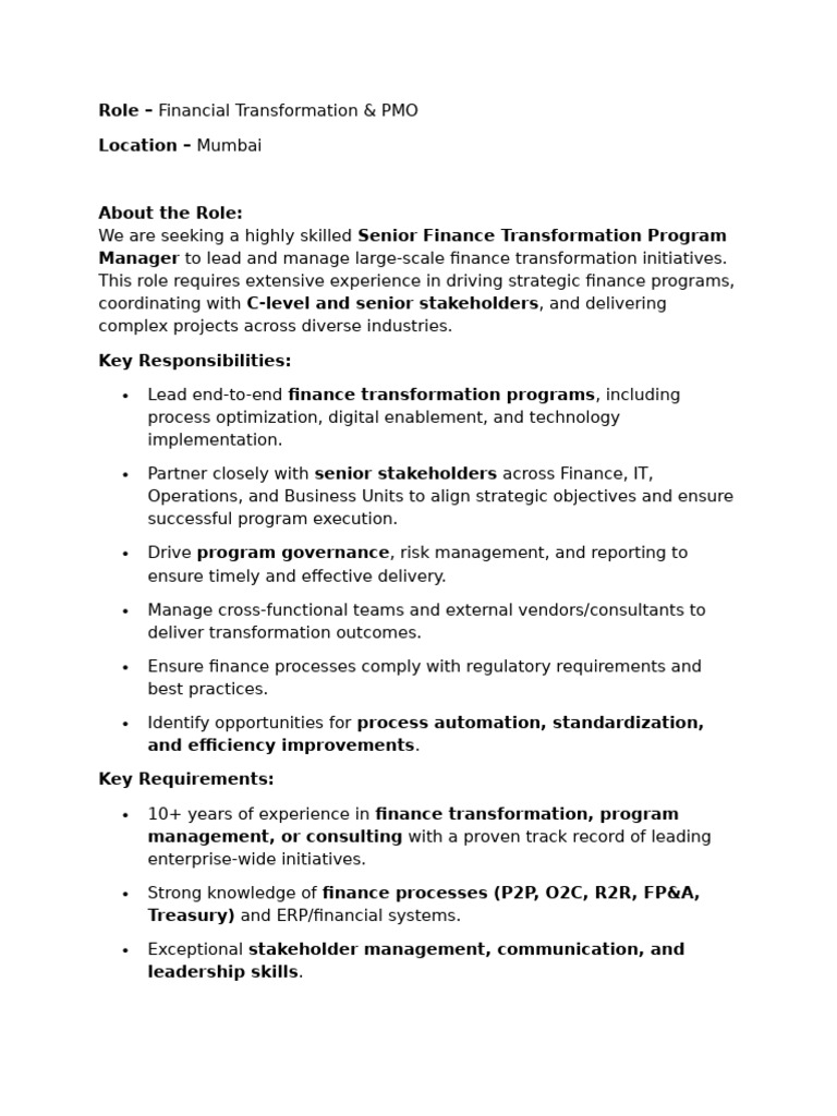 JD - Financial Transformation & PM | PDF