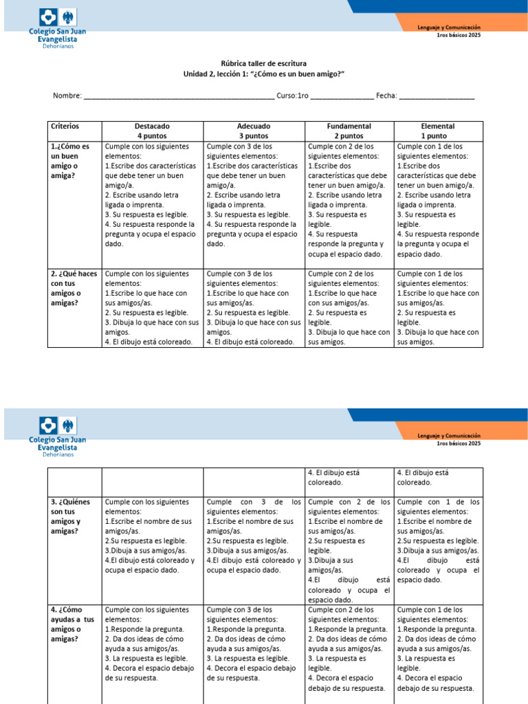 Rúbrica Taller de Escritura - 1ro Básico | PDF