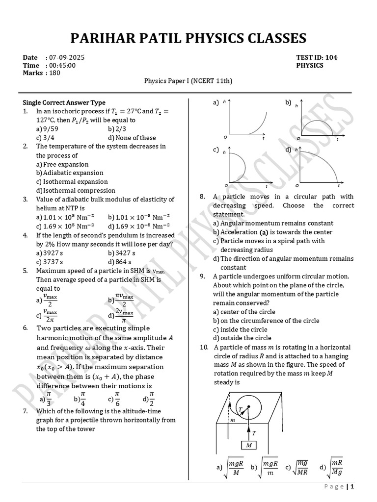 Physics Test Paper I - NCERT 11th | PDF | Acceleration | Force