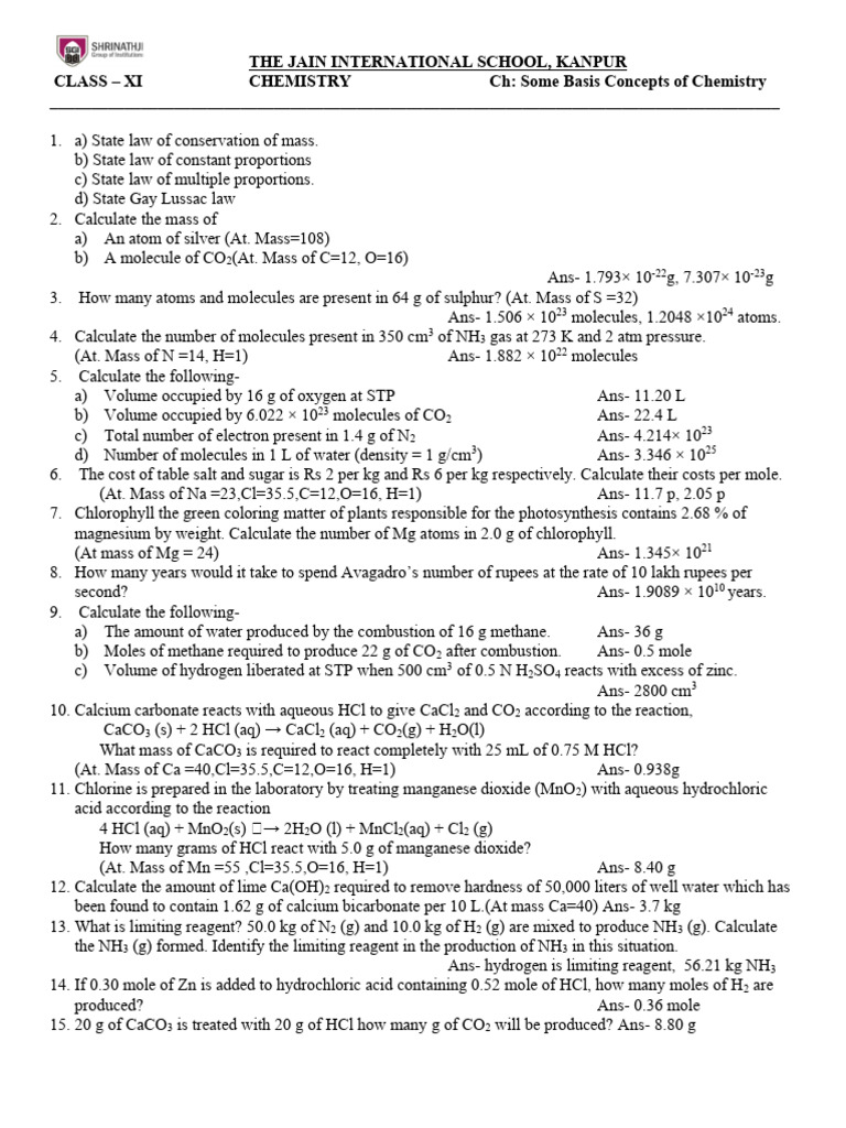 WS-11-CHEMISTRY-Some Basis Concept of Chemistry | PDF | Hydrochloric ...