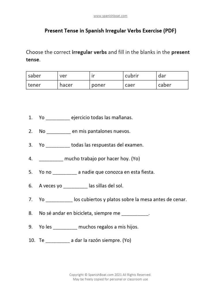 (Clave) Present Tense Spanish Irregular Exercise | PDF